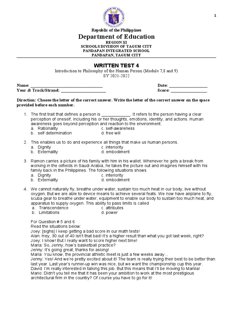 Philosophy Test: Human Person Module | PDF | Philosophical Theories