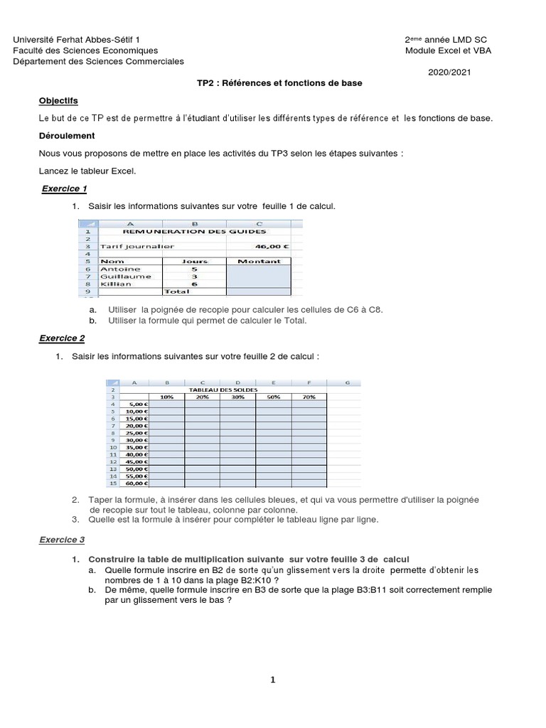 TP2: Références Et Fonctions de Base Objectifs: Exercice 2 | PDF | Microsoft Excel | Informatique