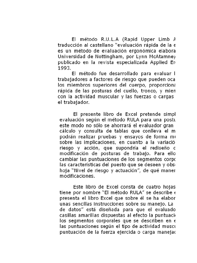 ERGONOMIA MÉTODO RULA Excel | PDF | Factores humanos y ergonomía ...