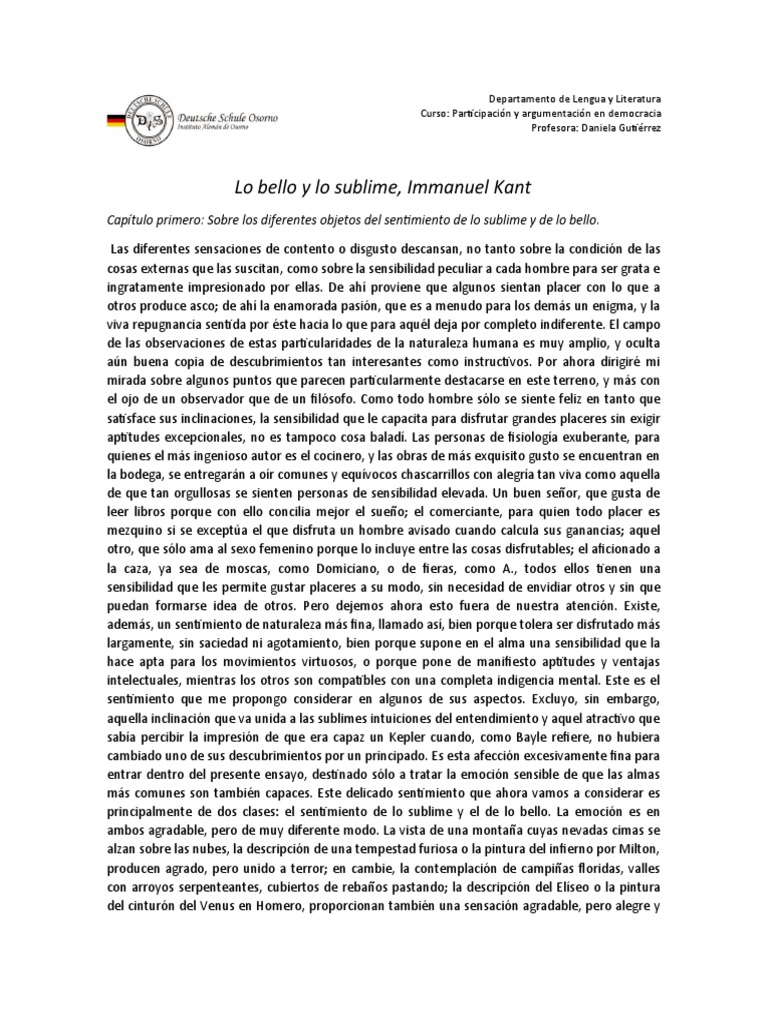 Lo Bello y Lo Sublime, Kant | PDF | Immanuel Kant | Amor