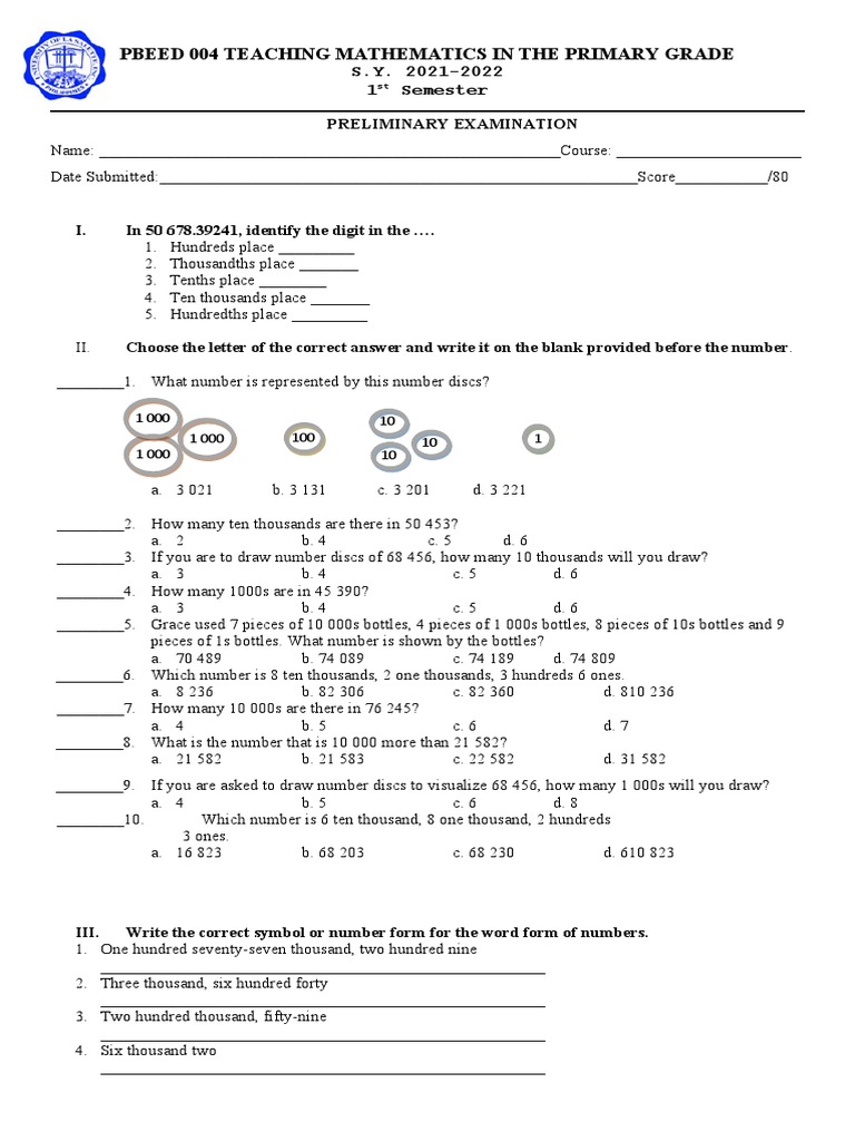Prelim Exam-Pbeed 004 Teaching Mathematics in The Primary Grade | PDF ...