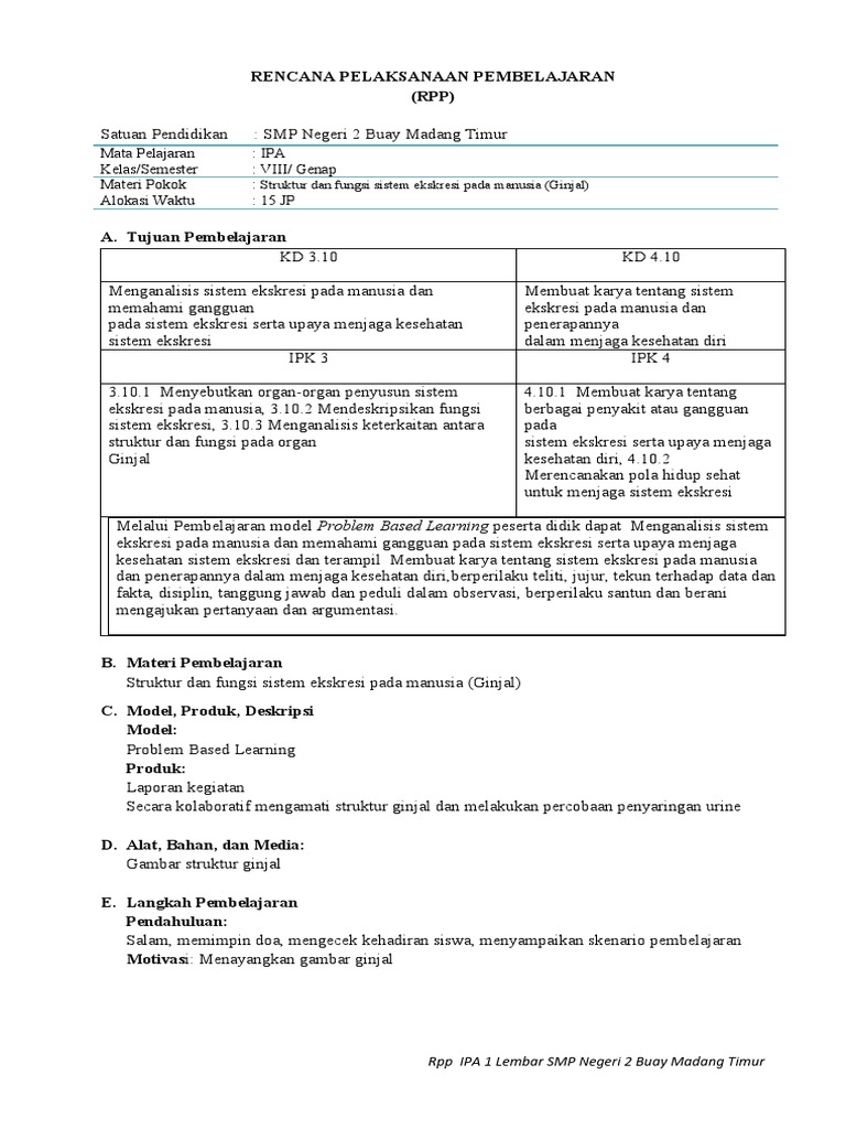 RPP Ipa Kelas 8 SM 2 Ekskresi | PDF
