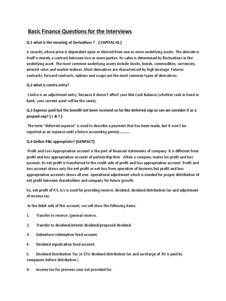 Essential Finance Interview Questions | PDF | Dividend | Derivative ...