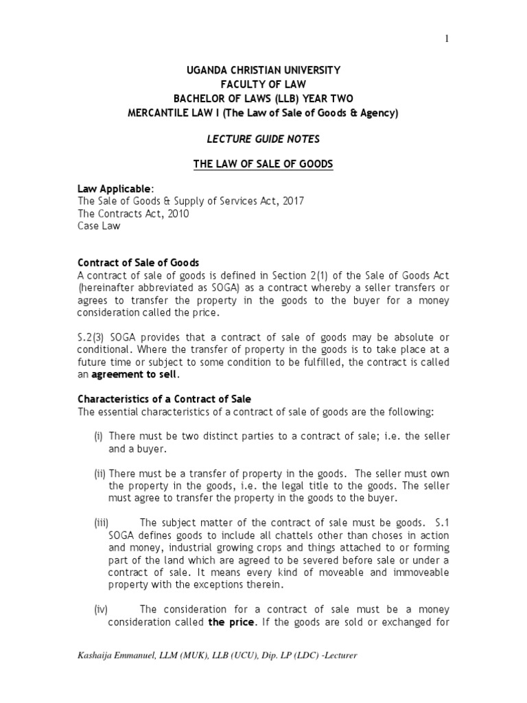 Law of Sale of Goods Overview | PDF | Breach Of Contract | Sales