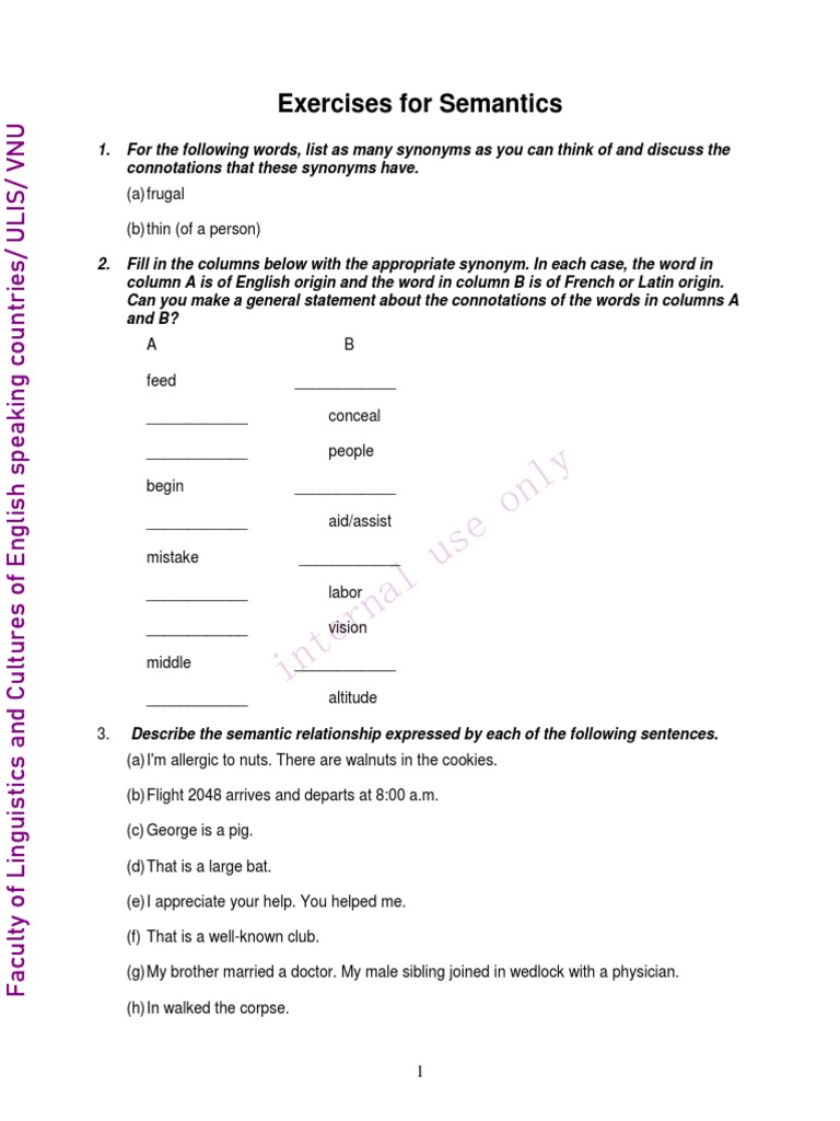 Lexical Semantics - EXERCISES | Download Free PDF | Linguistics