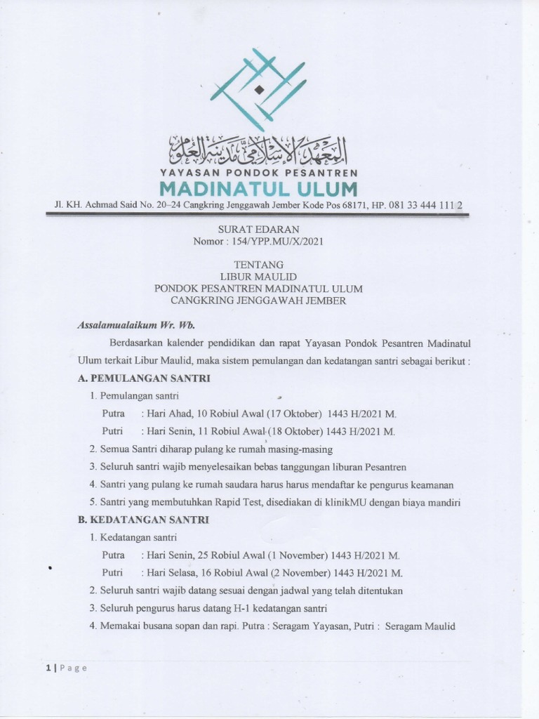 Surat Edaran Libur Maulid | PDF