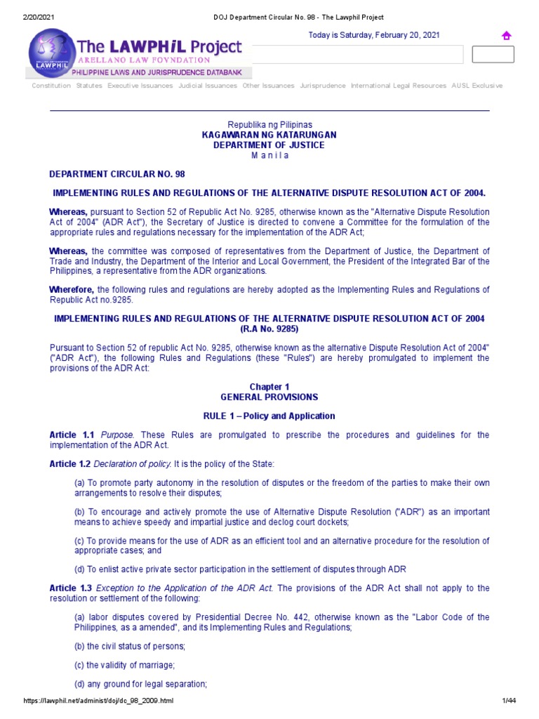 DOJ Department Circular No. 98 - IRR | PDF | Mediation | Alternative Dispute Resolution