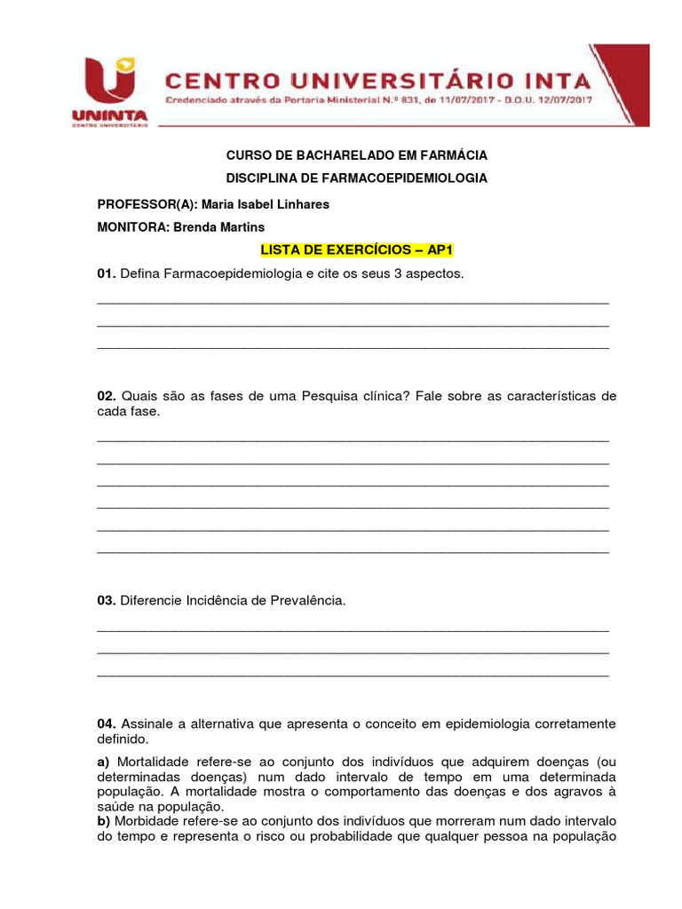 LISTA DE EXERCÍCIOS AP1 - FARMACOEPIDEMIOLOGIA - MONITORIA | PDF | Epidemiologia | Ciências da Saúde