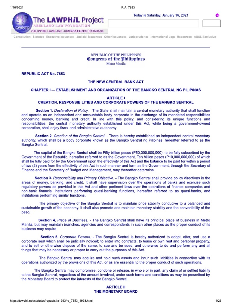 RA 7653 New Central Bank Act | PDF