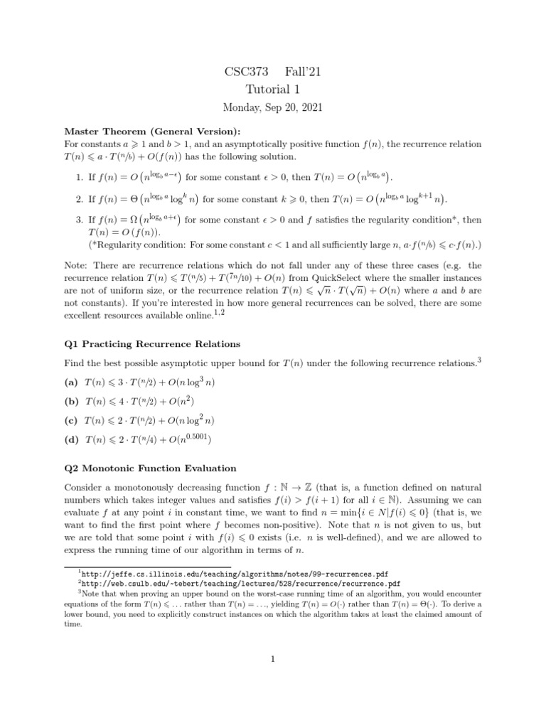 Tutorial1 373 | PDF | Recurrence Relation | Time Complexity