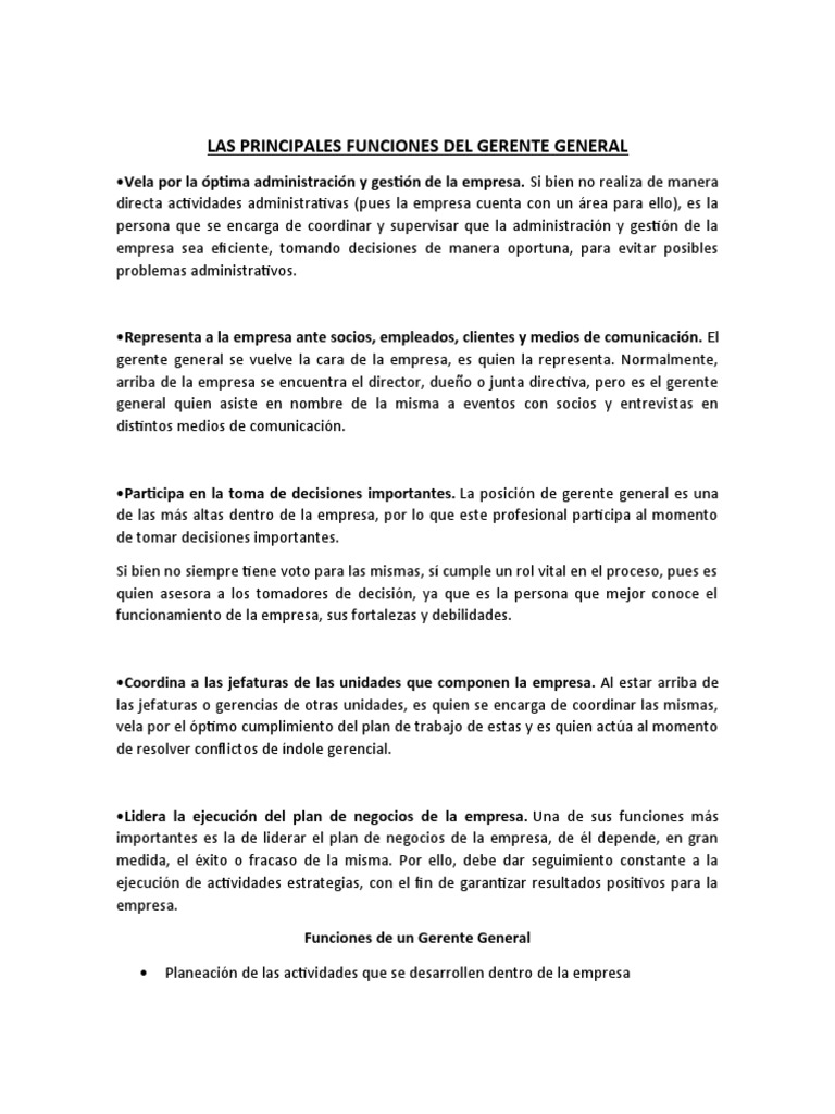 Las principales responsabilidades y funciones de un Gerente General ...