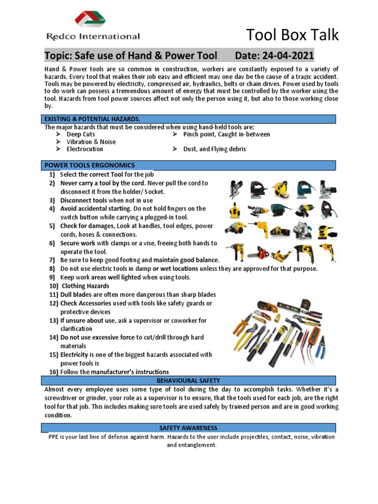 24-04-2021 - TBT - Safe Use of Power and Hand Tools | PDF | Tools ...