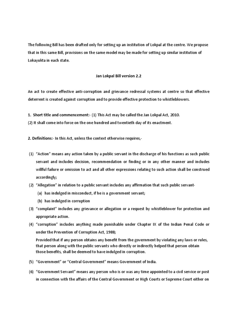 Jan Lokpal Bill: Anti-Corruption Act 2010 | PDF | Government Of India ...