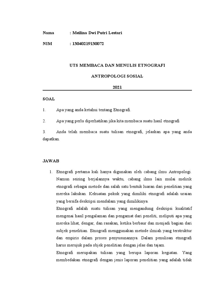 UTS Membaca Dan Menulis Etnografi A - Meilina Dwi Putri Lestari | PDF