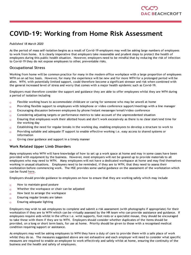 Covid 19 Working From Home Risk Assessment | PDF | Employment ...