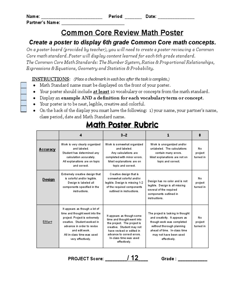 Math Poster Project Rubric and Directions | PDF | Area | Rectangle
