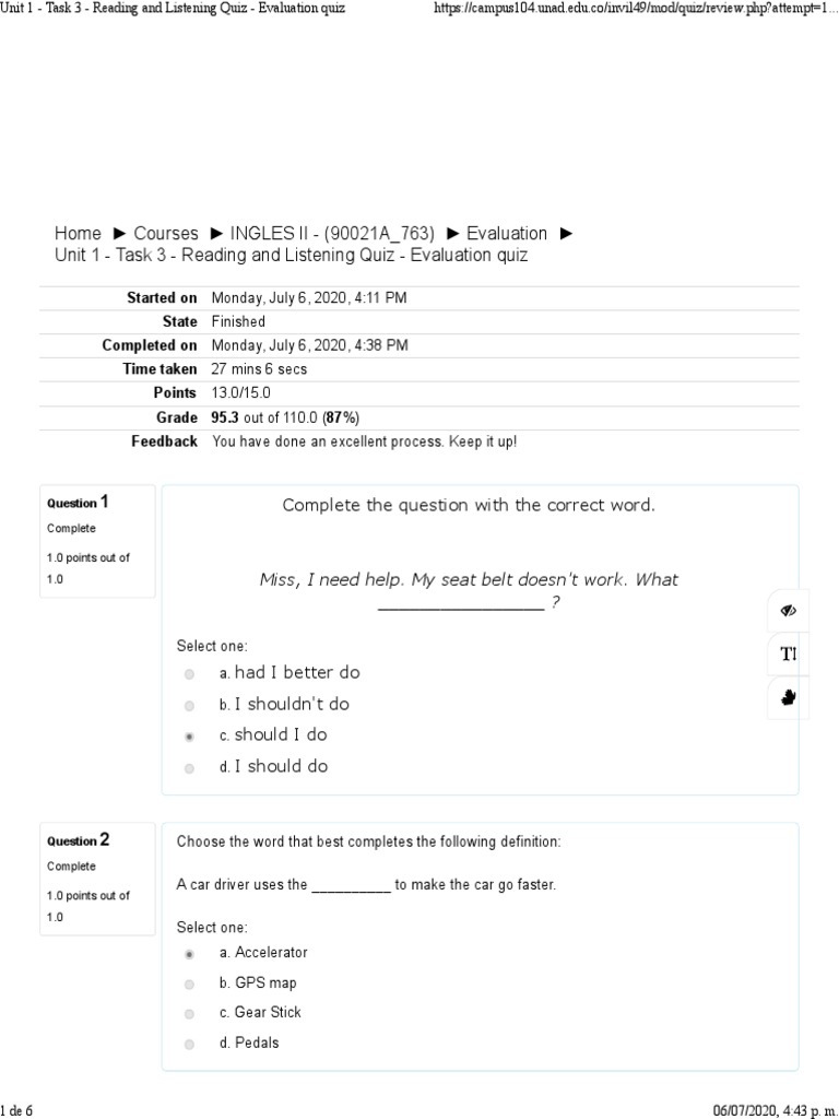 Unit 1 - Task 3 - Reading and Listening Quiz - Evaluation Quiz | PDF