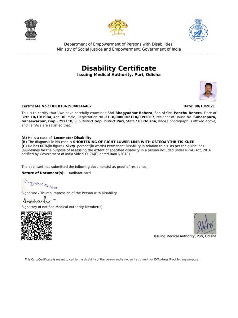 Disability Certificate | PDF