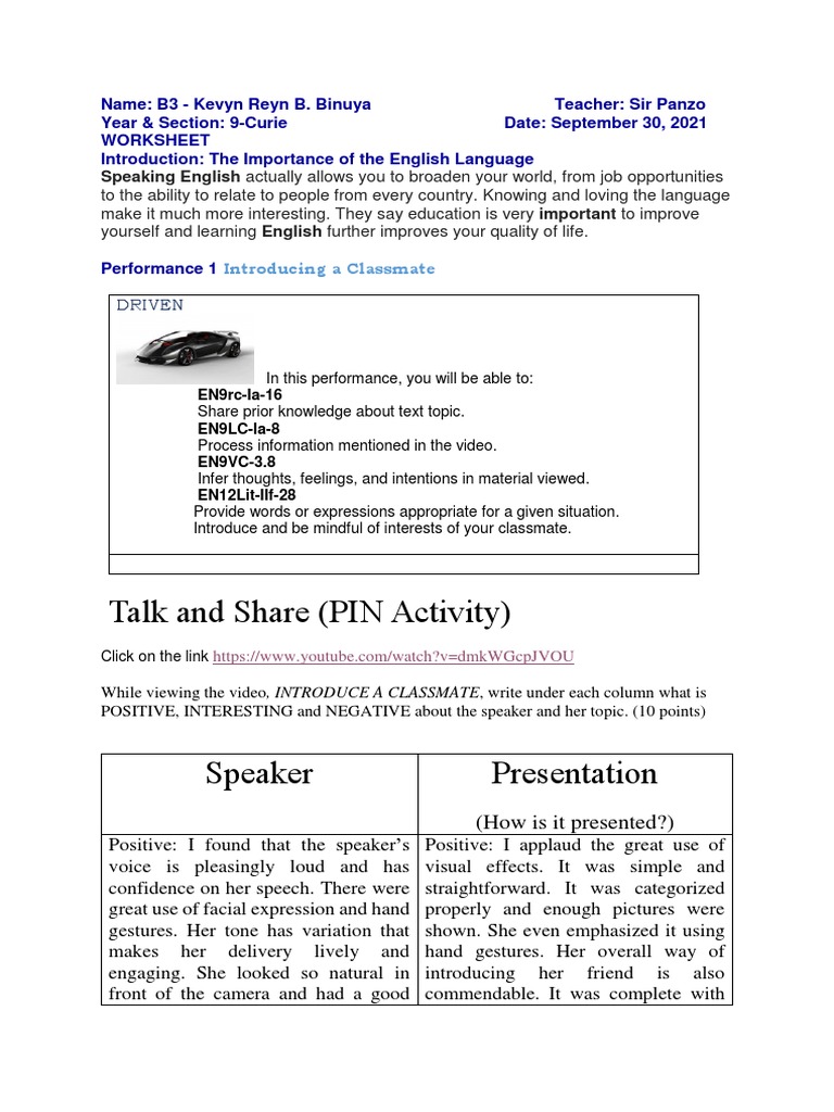 Introducing A Classmate 2021 | PDF | Gesture | English Language