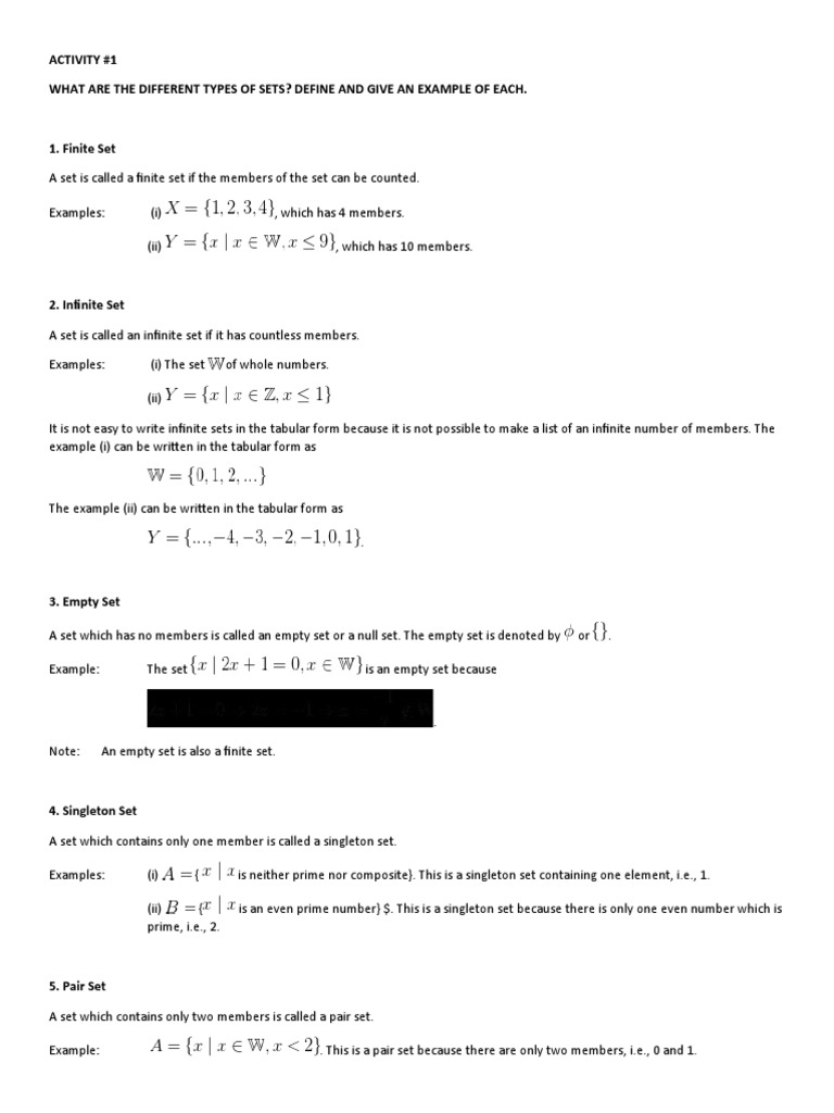 Activity #1 What Are The Different Types of Sets? Define and Give An ...