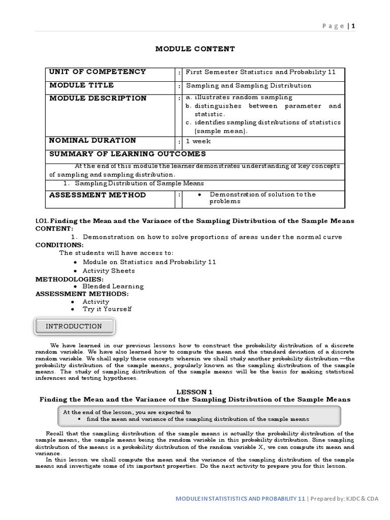 STATISTICS Module LESSON 7 | PDF | Mean | Variance STATISTICS Module LESSON 7 | PDF | Mean | Variance