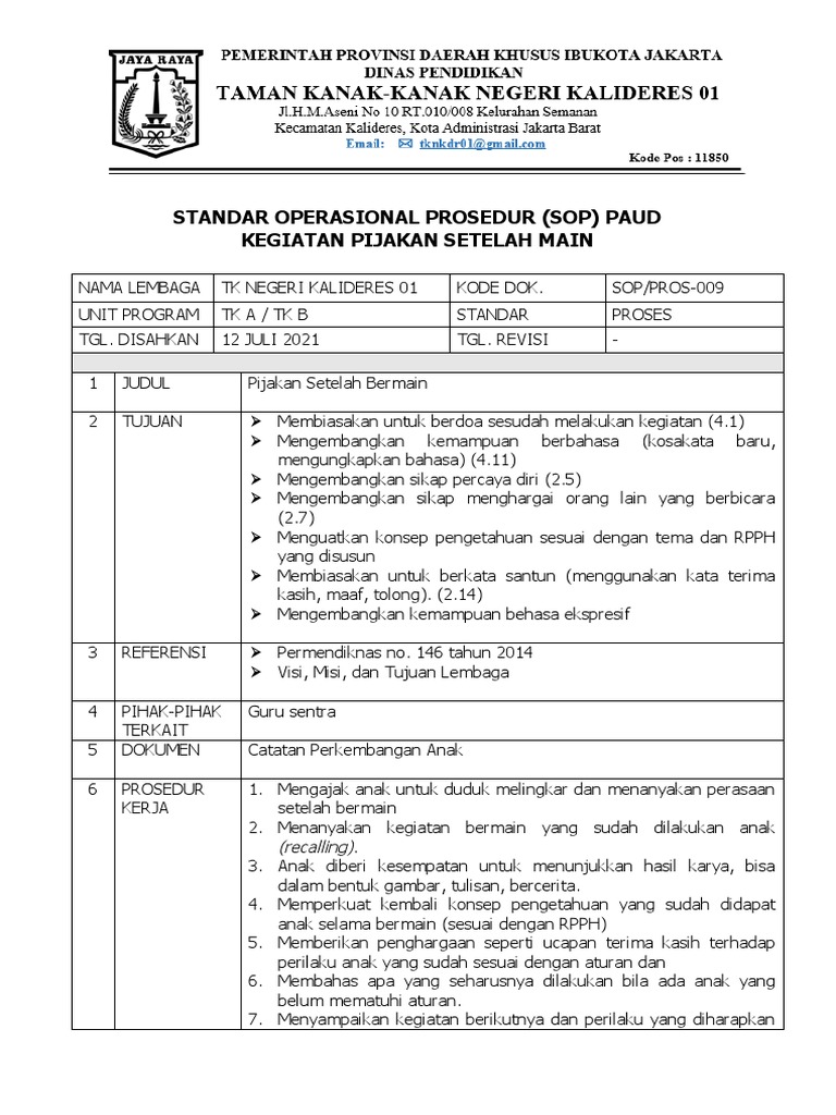 9 Sop Paud Kegiatan Pijakan Setelah Main | PDF