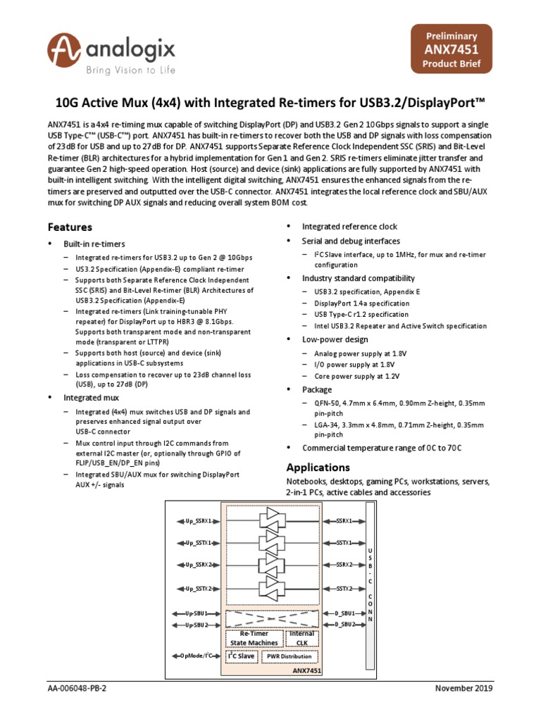 10G Active Mux (4X4) With Integrated Re-Timers For Usb3.2/Displayport ...