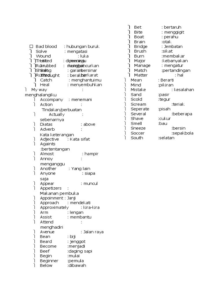 Kumpulan Kosakata Bahasa Inggris Sehari Hari Dan Artinya Sebuah | PDF