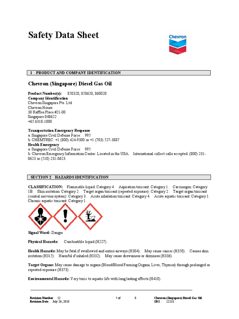 Safety Data Sheet for Chevron (Singapore) Diesel Gas Oil | PDF ...