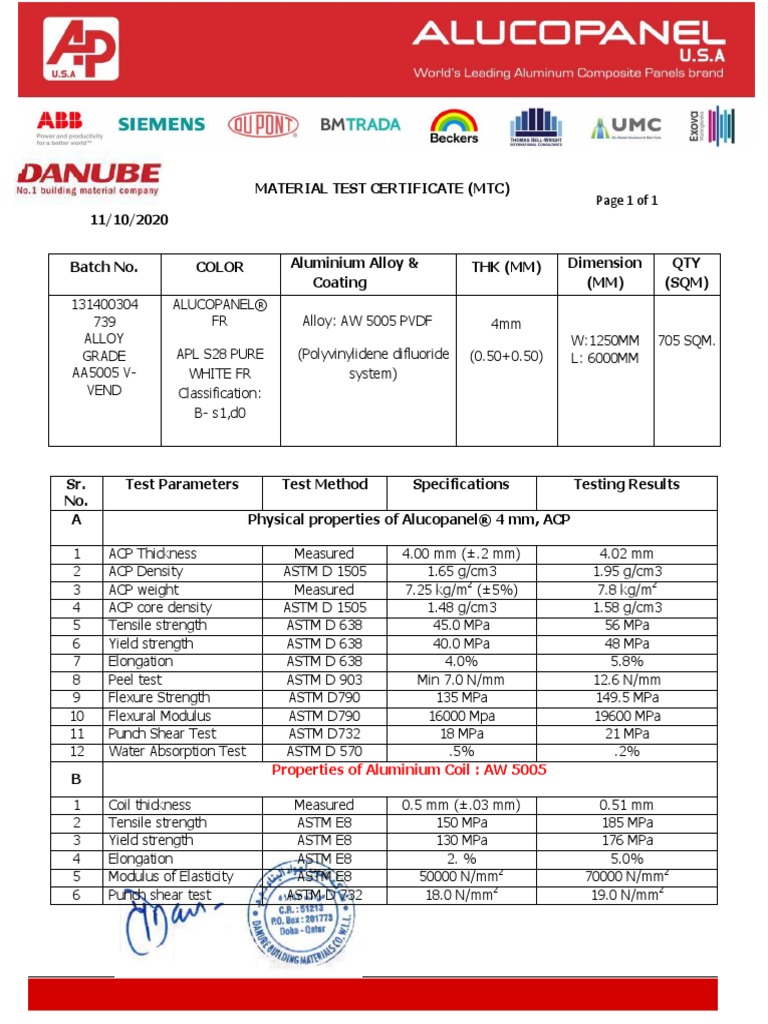 Material Test Certificate (MTC) : Properties of Aluminium Coil: AW 5005 ...