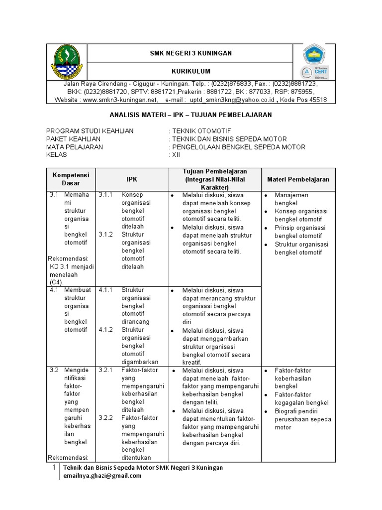 PENGELOLAAN BENGKEL SEPEDA MOTOR - Analisis Materi - Ipk - Tujuan Pembelajaran PBSM | PDF