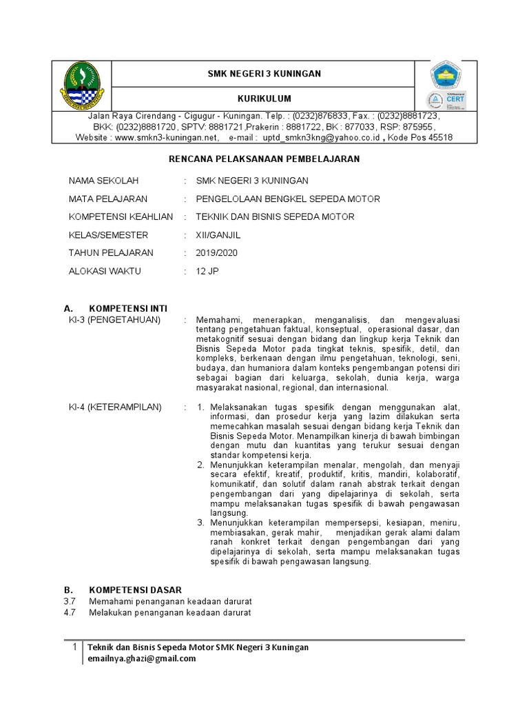 PENGELOLAAN BENGKEL SEPEDA MOTOR - RPP KD 3.7 Penanganan Keadaan Darurat | PDF