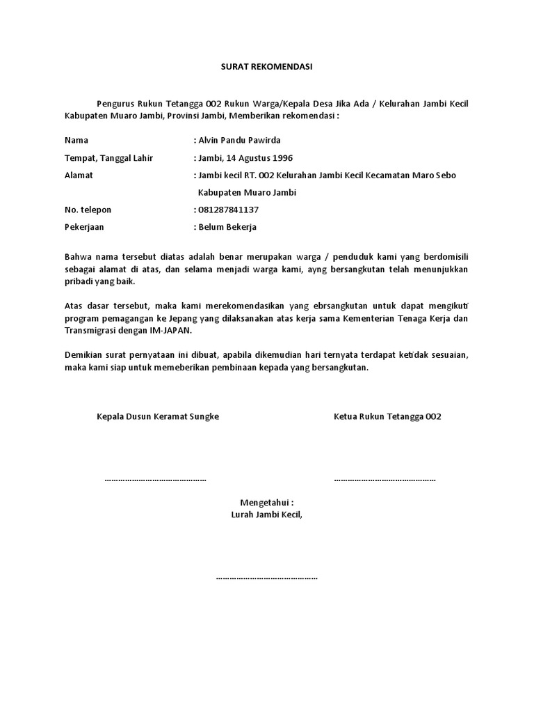 Surat Rekomendasi Lurah, RT, Kadus | PDF