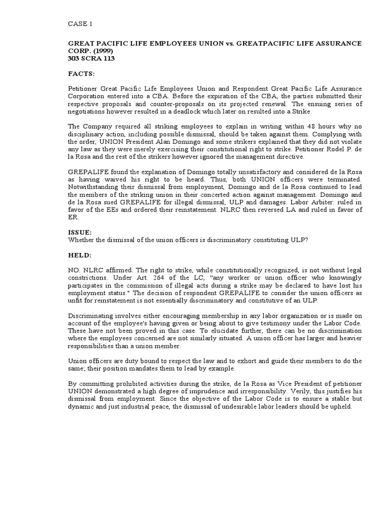 Labor Law Cases on Dismissal and Strikes | PDF | Strike Action | Unfair ...