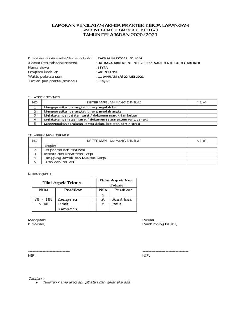 Format 1 - Laporan Penilaian Akhir PKL 2020-2021 - Diisi Oleh ...