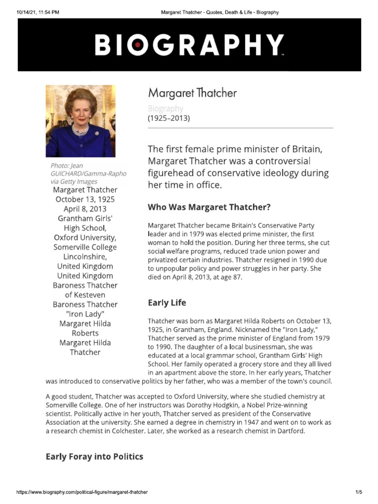 Margaret Thatcher Biography | PDF