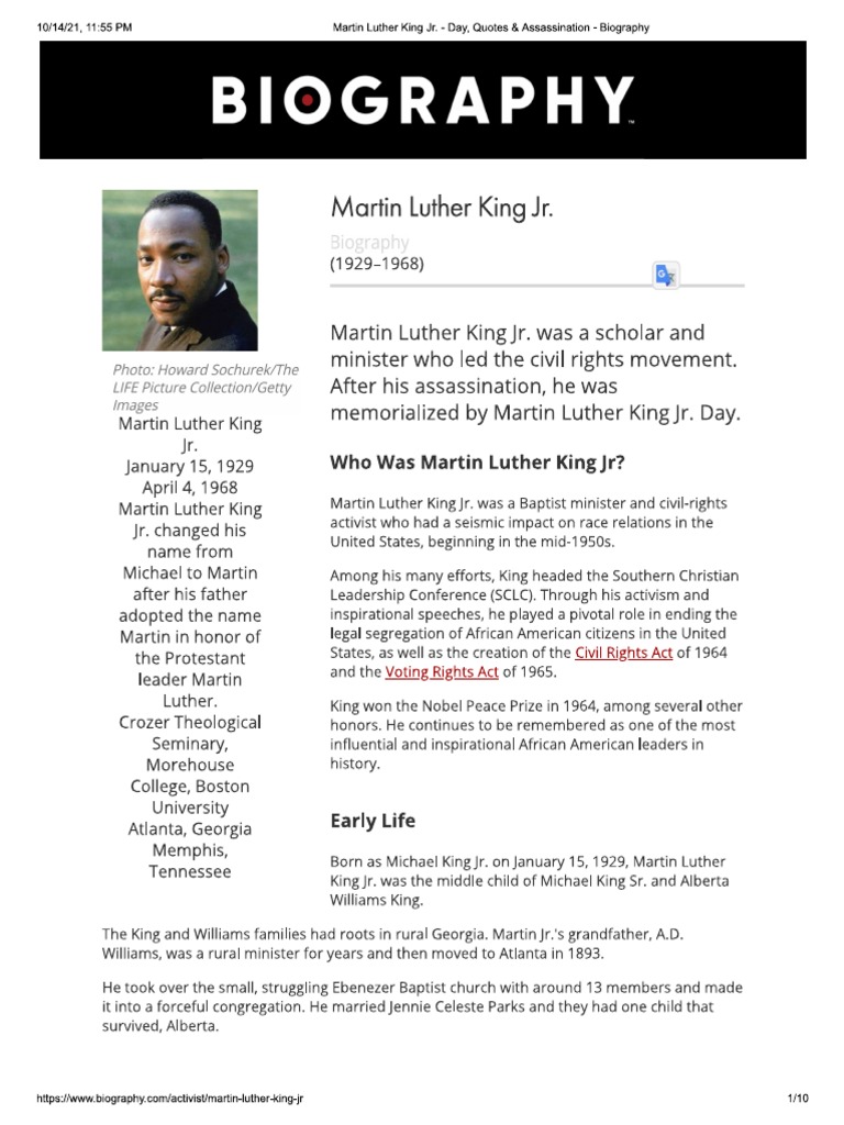 Martin Luther King Jr. Biography | PDF