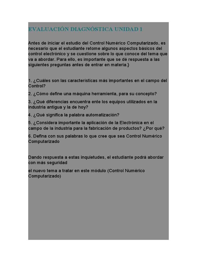 EVALUACIÓN DIAGNÓSTICA UNIDAD 1 Maq Herrm IV .1 - 20211011 - 211612 | PDF | Control numerico ...
