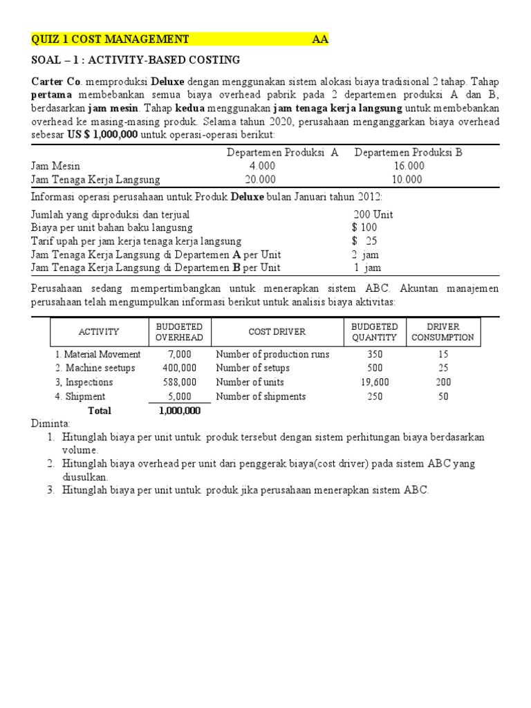 2021 Quiz 1 Cost Management - Abc Abm | PDF