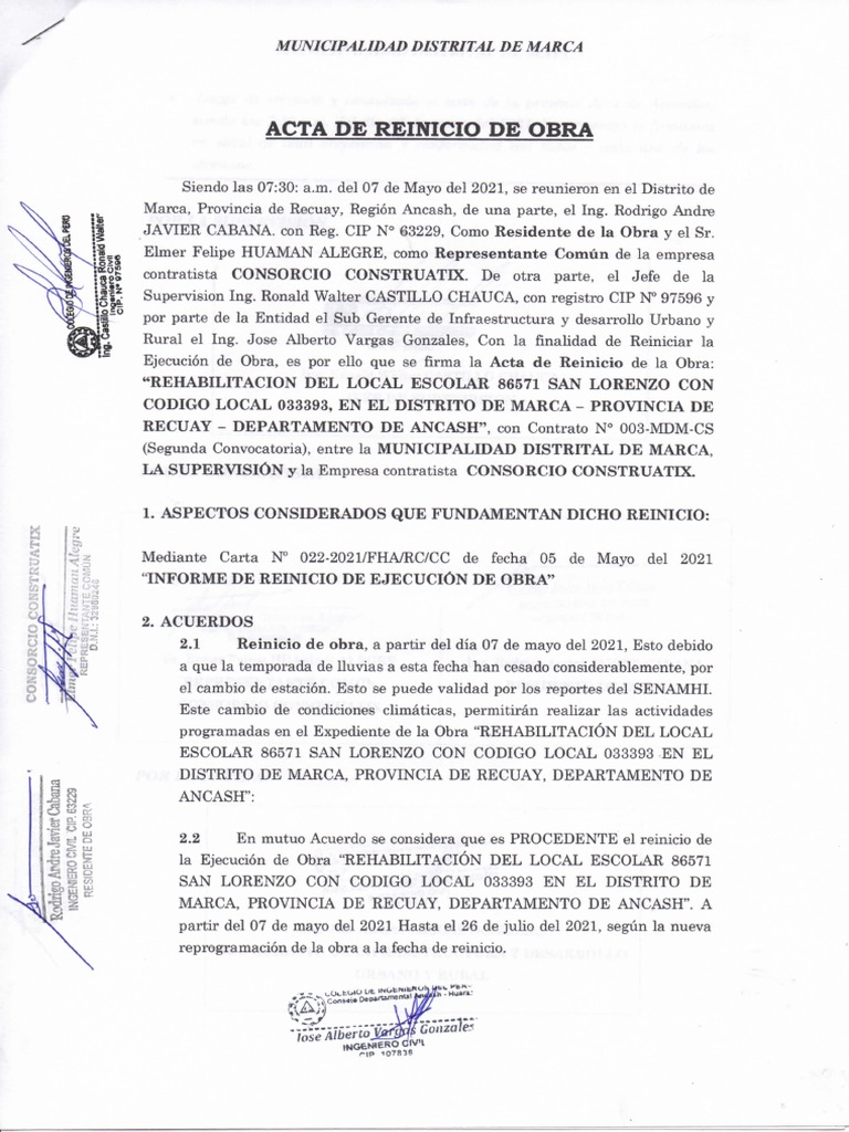 Acta de Reinicio de Obra | PDF