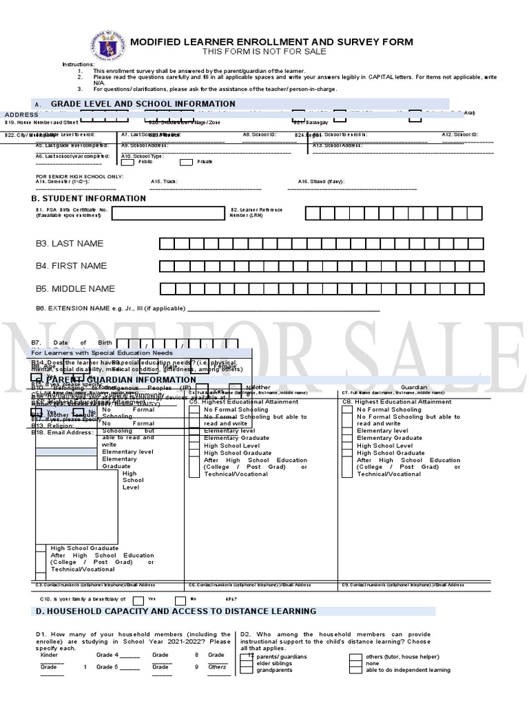 Modified Learner Enrollment and Survey Form: Grade Level and School ...