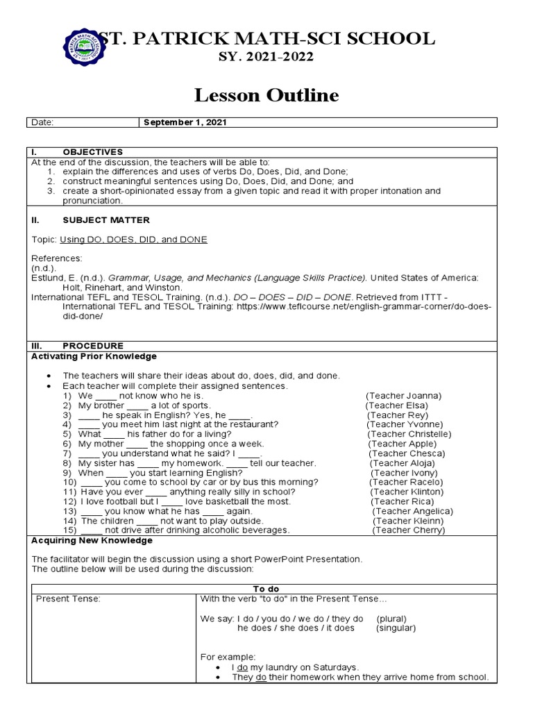 Lesson Outline (September 1, 2021) | PDF | Grammatical Tense | Verb