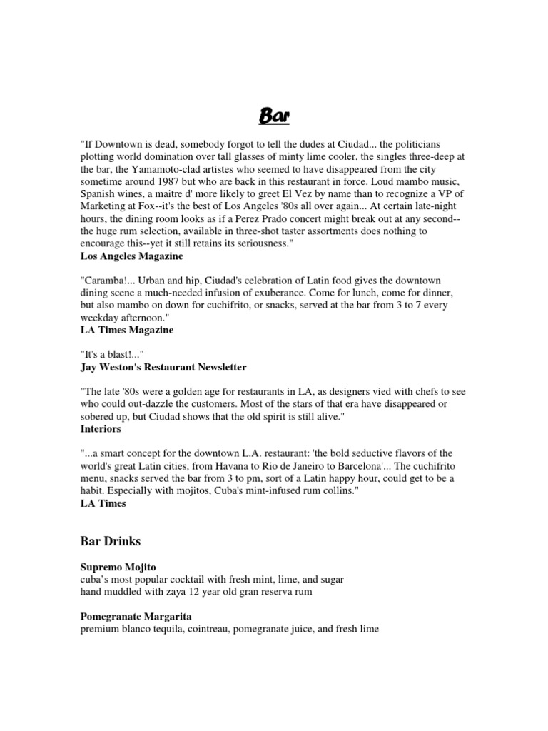 Bar Menu | PDF | Cooking | Food And Drink Preparation