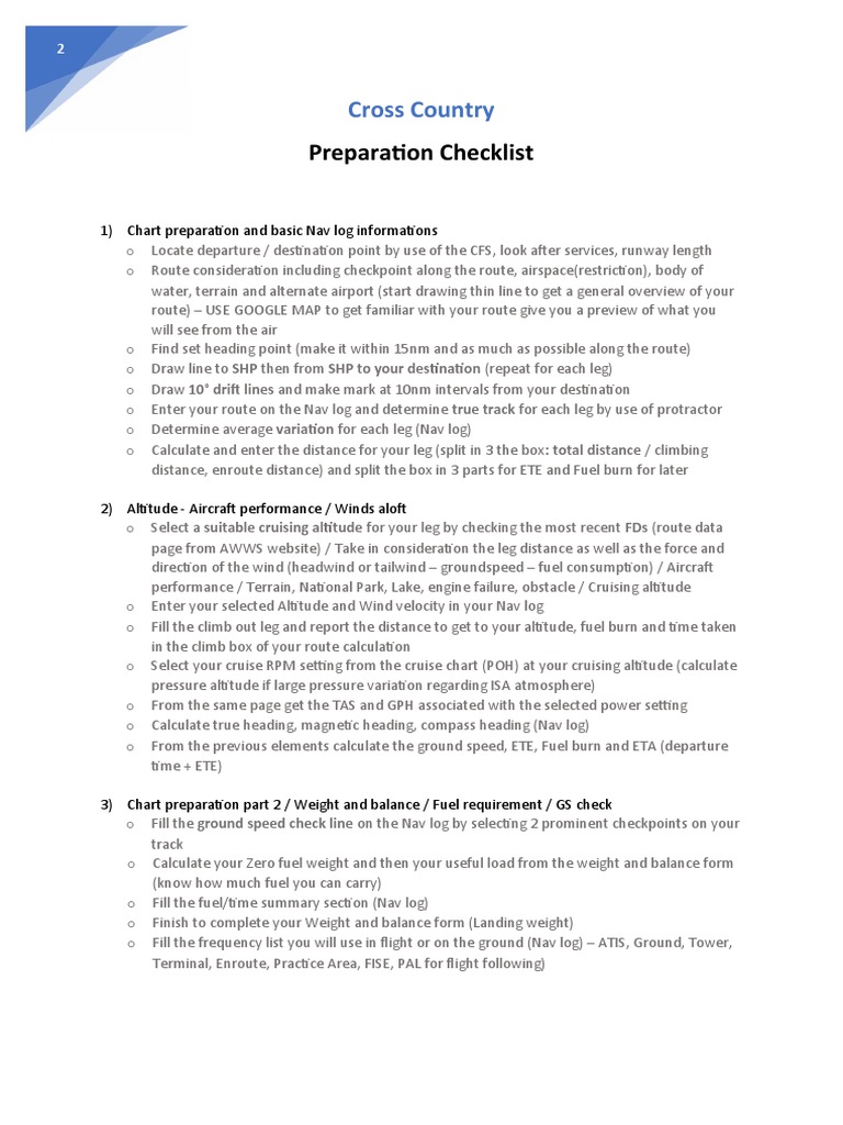 Preparation Checklist: Cross Country | PDF | Airport | Wound