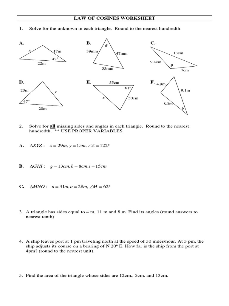 Law Of Cosines Worksheet Law Of Cosines Fill In & Solve Worksheet
