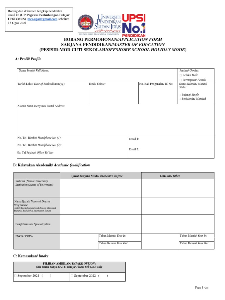 Borang Permohonan/Application Form Sarjana Pendidikan/Master of ...
