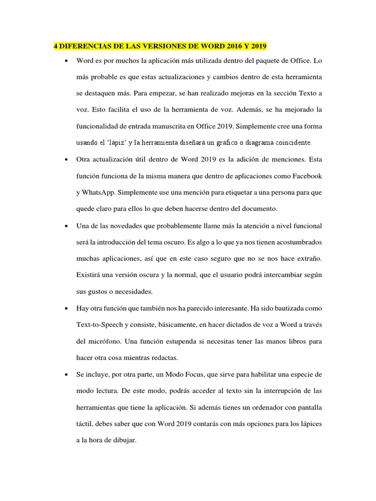 4 Diferencias de Las Versiones de Word 2016 y 2019 | PDF | Microsoft ...