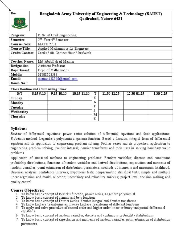 MATH 2201, Applied Mathematics For Engineers | PDF | Probability ...