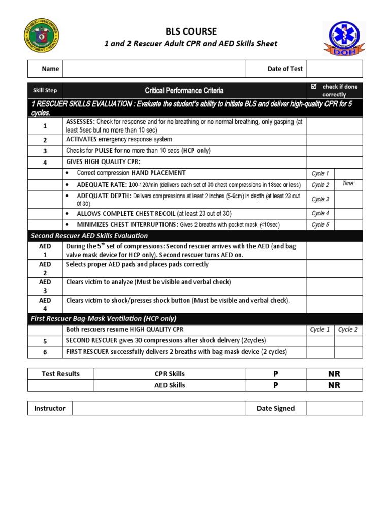 1 and 2 Rescuer Adult BLS and AED Checklist DOH | PDF | Cardiopulmonary ...