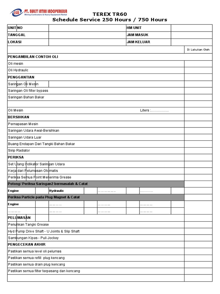 Service Sheet Terex TR60 250 Hours | PDF